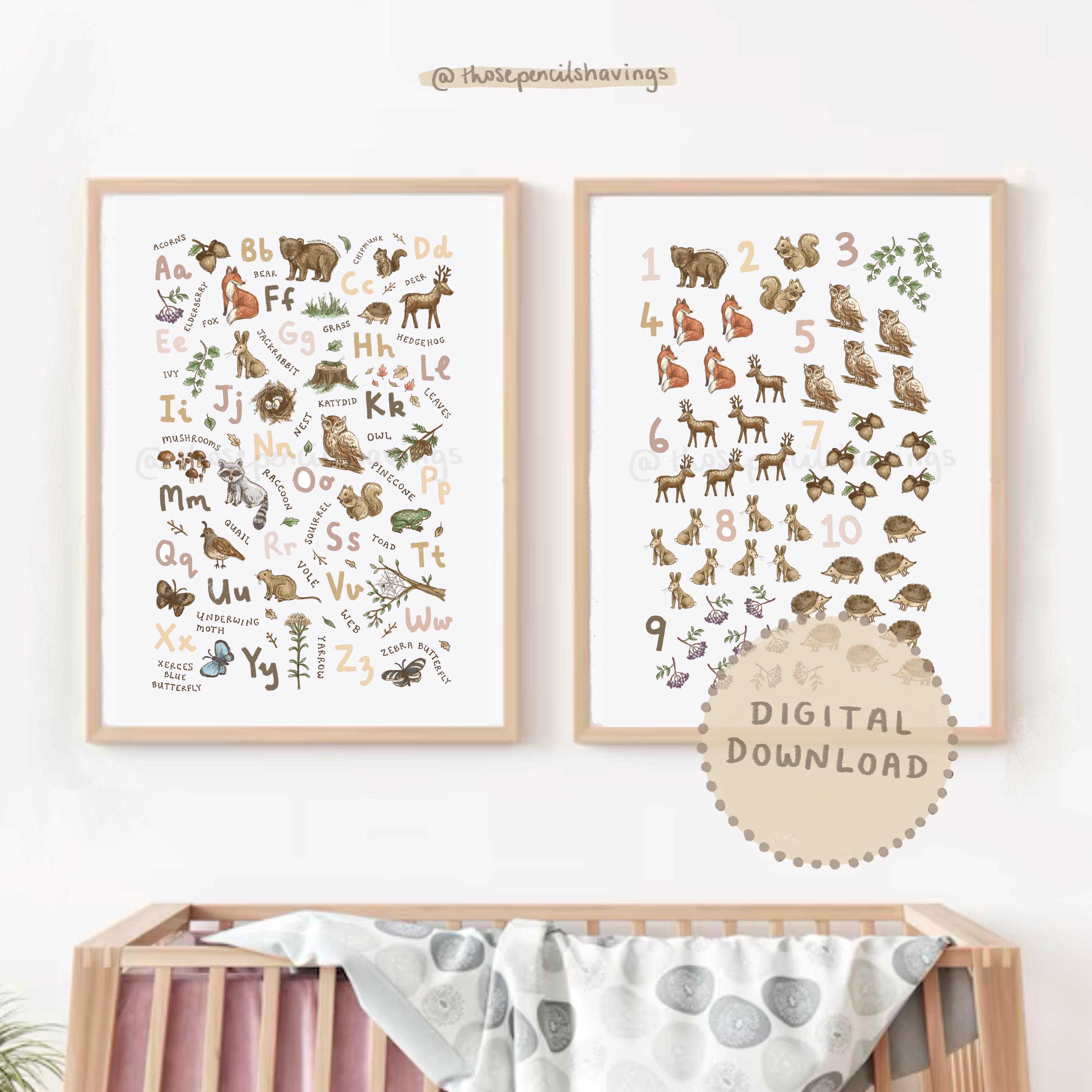 Woodland Animals Alphabet & Numbers Poster Set: Kids Nursery Decor ...