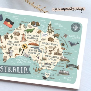 Map of Australia Postcard Cute Illustrated Australia Map Aussie Animals ...