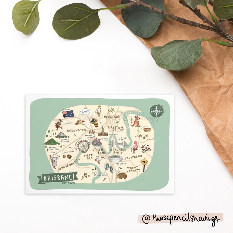 Brisbane Map Postcard: Illustrated Australia City Souvenir - Etsy
