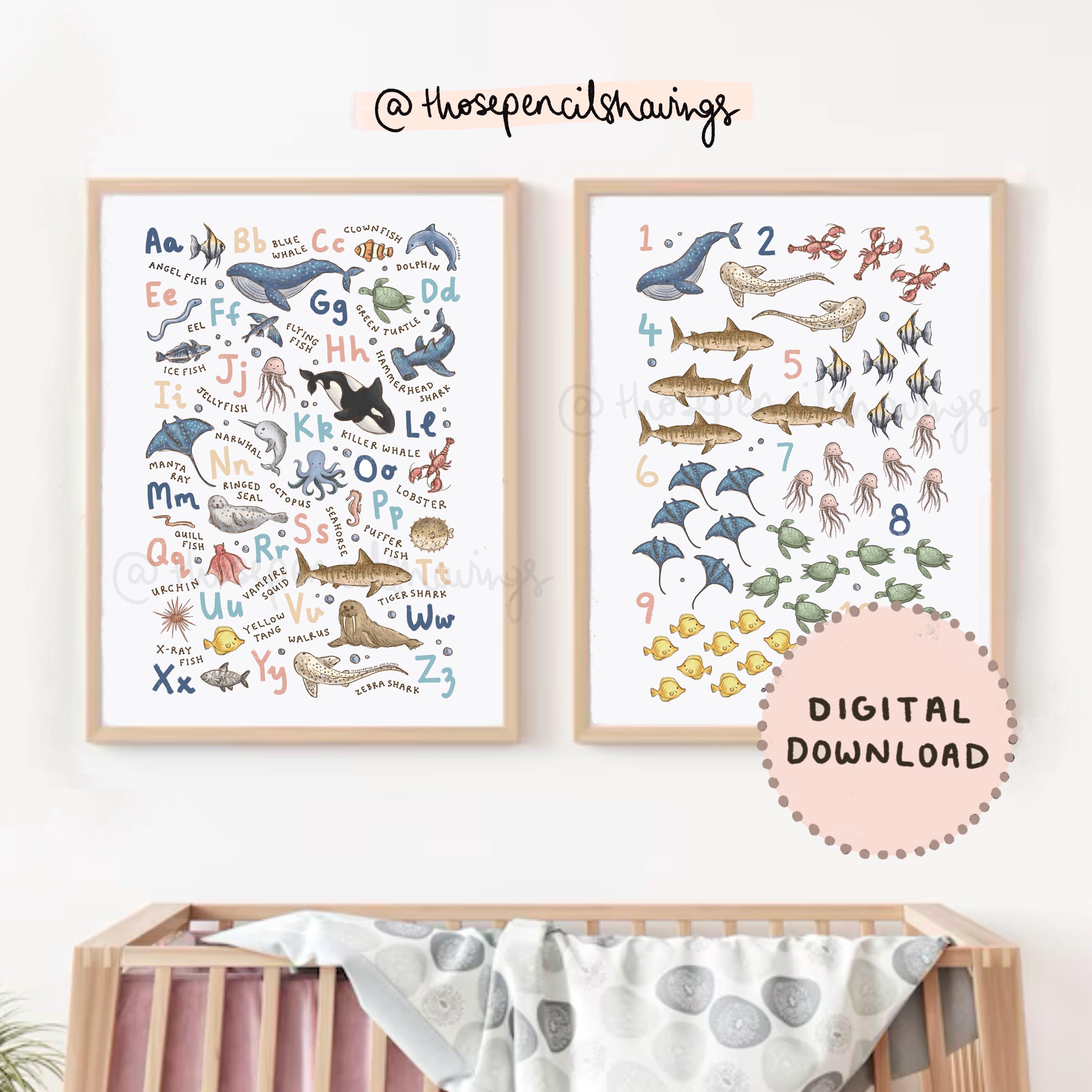 Ocean Animals Alphabet & Counting Poster Set: Nautical Nursery Art ...
