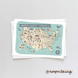 Map of USA Greeting Card Cute Illustrated United States Map Card ...
