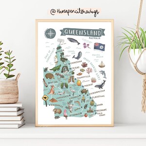 Queensland Map Print | Illustrated Australia Travel Poster | Cute QLD ...