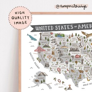 Map of United States of America Illustrated USA Landmarks Print America ...