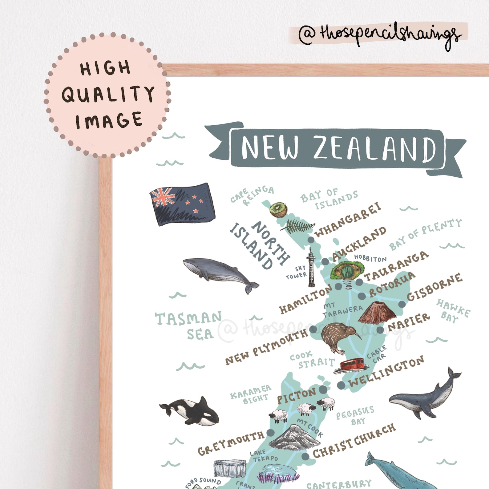 New Zealand Map Print: Illustrated NZ Landmarks & Animals (digital ...