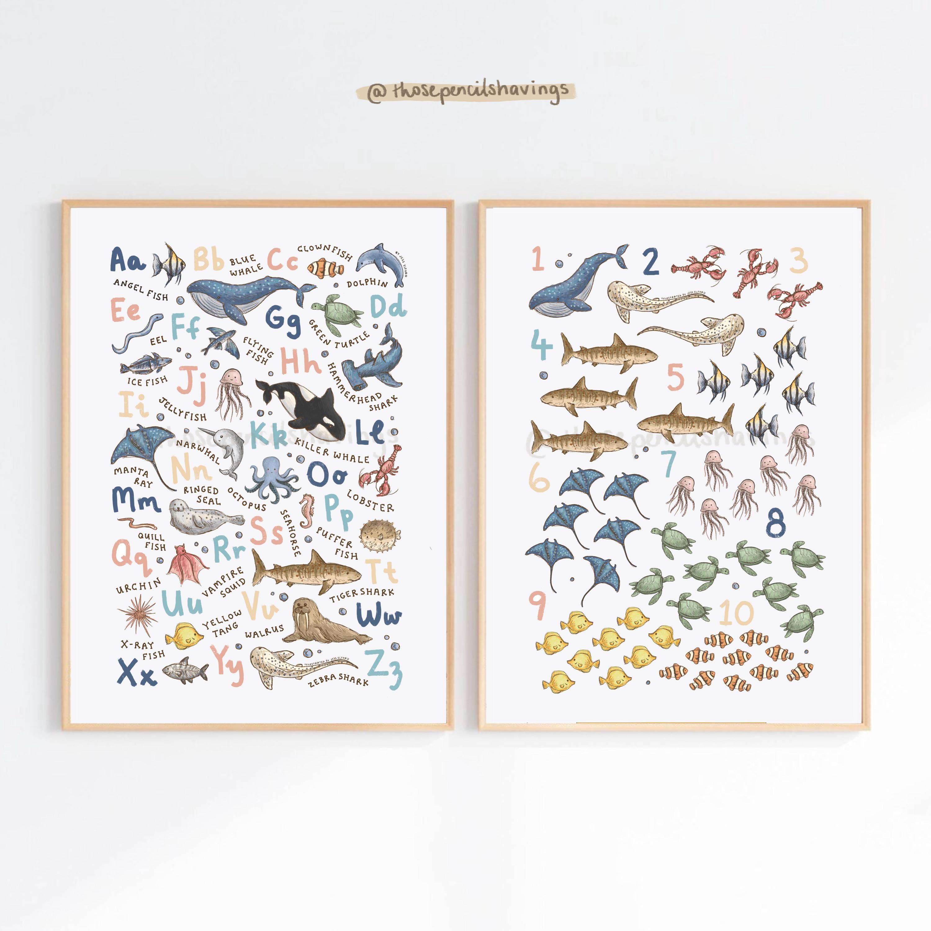 Ocean Animals Alphabet & Counting Poster Set: Nautical Nursery Art ...