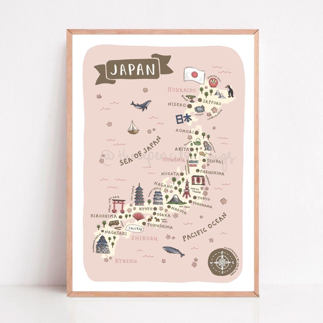 Japan Travel Map Poster: Illustrated Japanese Landmarks Art Print - Etsy