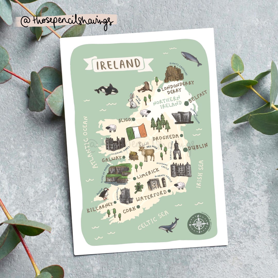 Ireland Map Postcard: Illustrated Irish Travel Souvenir - Etsy