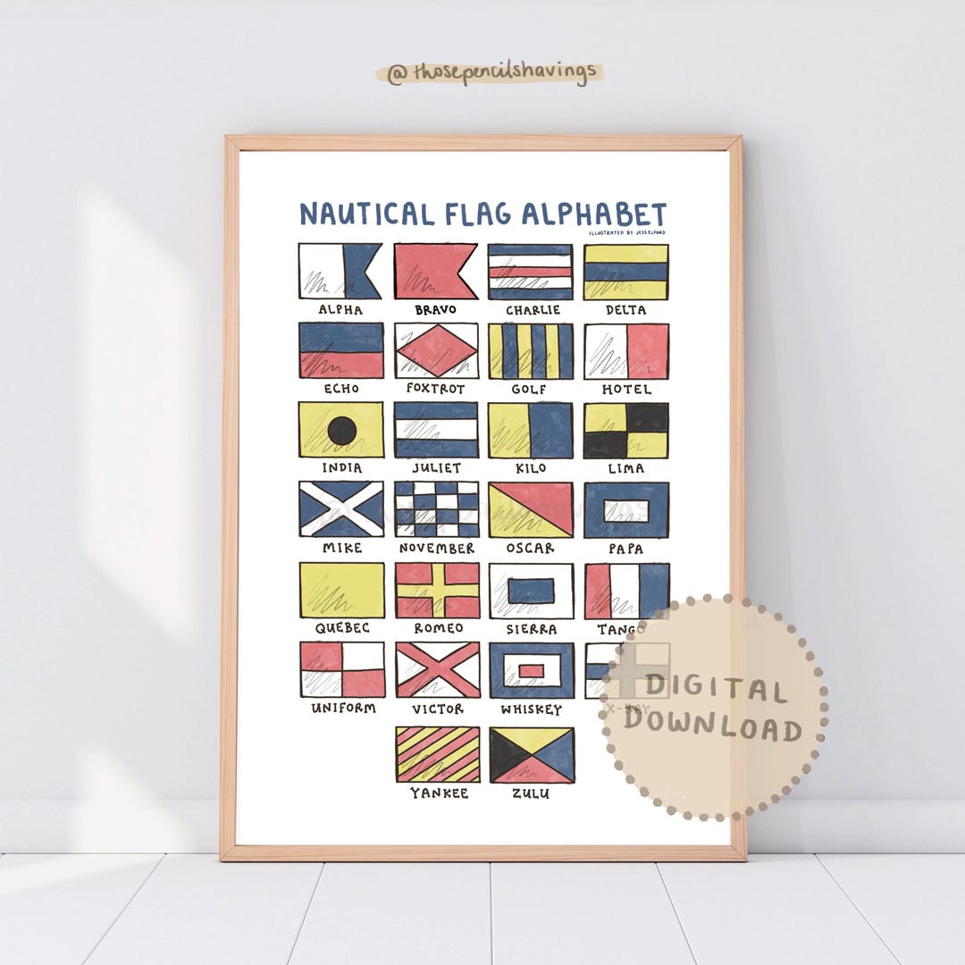 Nautical Flag Alphabet Print: Maritime Signal Flags, Coastal Nursery ...