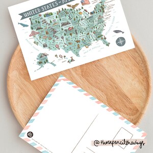 Map of USA Postcard Cute Illustrated United States Map Mini Print ...