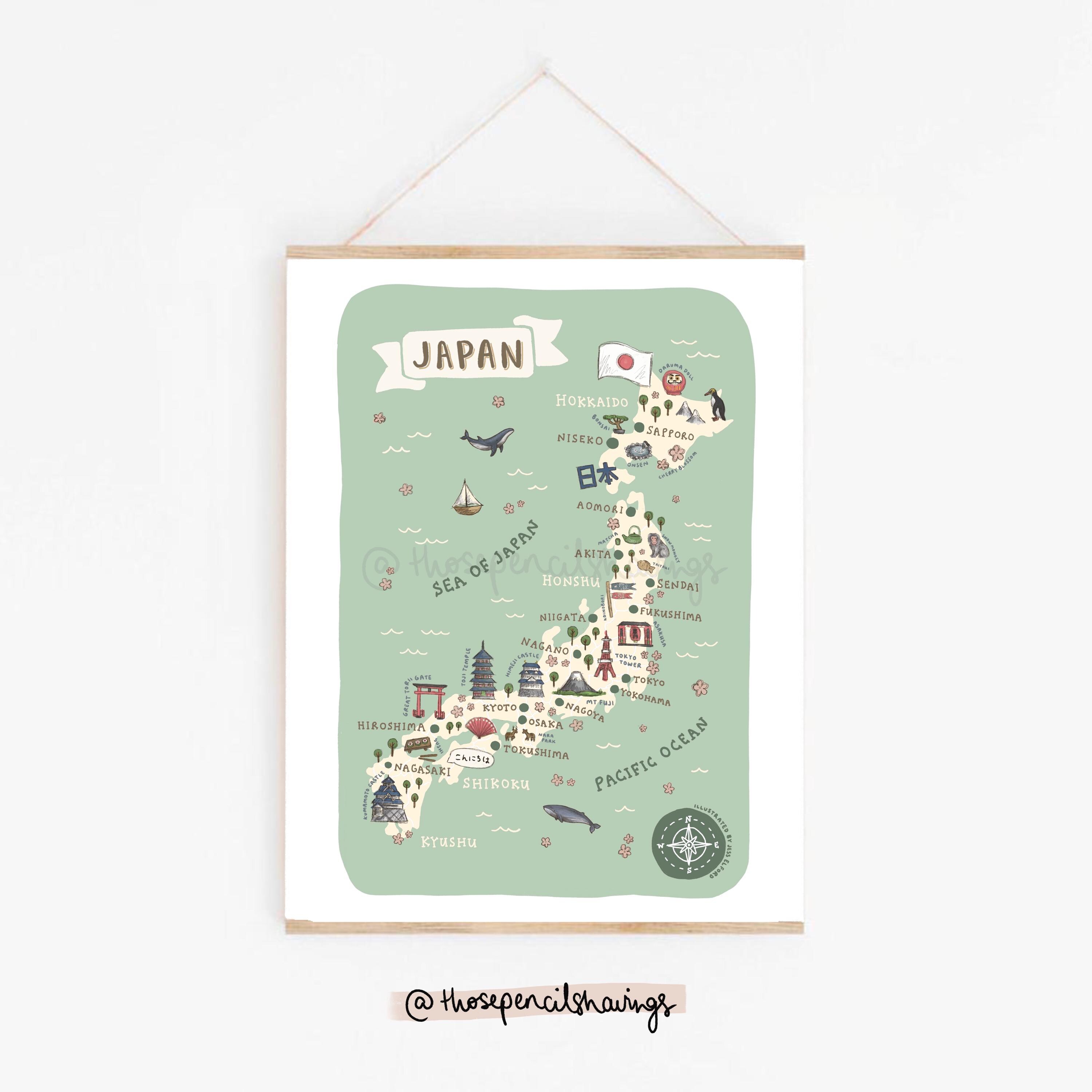 Japan Travel Map Poster: Illustrated Japanese Landmarks Art Print - Etsy