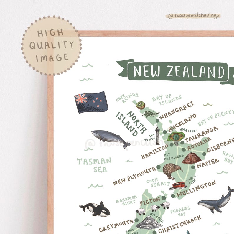New Zealand Map Print: Illustrated NZ Landmarks & Animals (digital ...