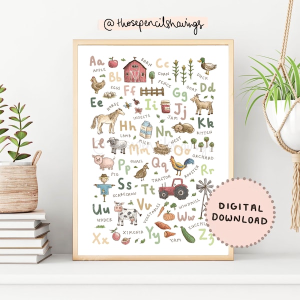 Farm Alphabet Print | Illustrated A-Z Farm Animals Poster | ABC Nursery ...