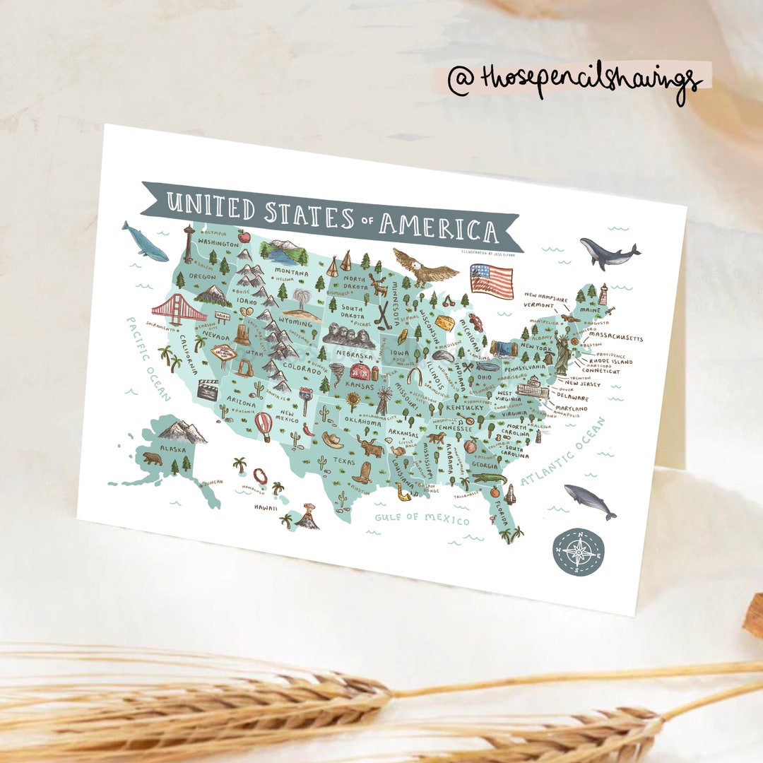 Map of USA Greeting Card Cute Illustrated United States Map Card ...