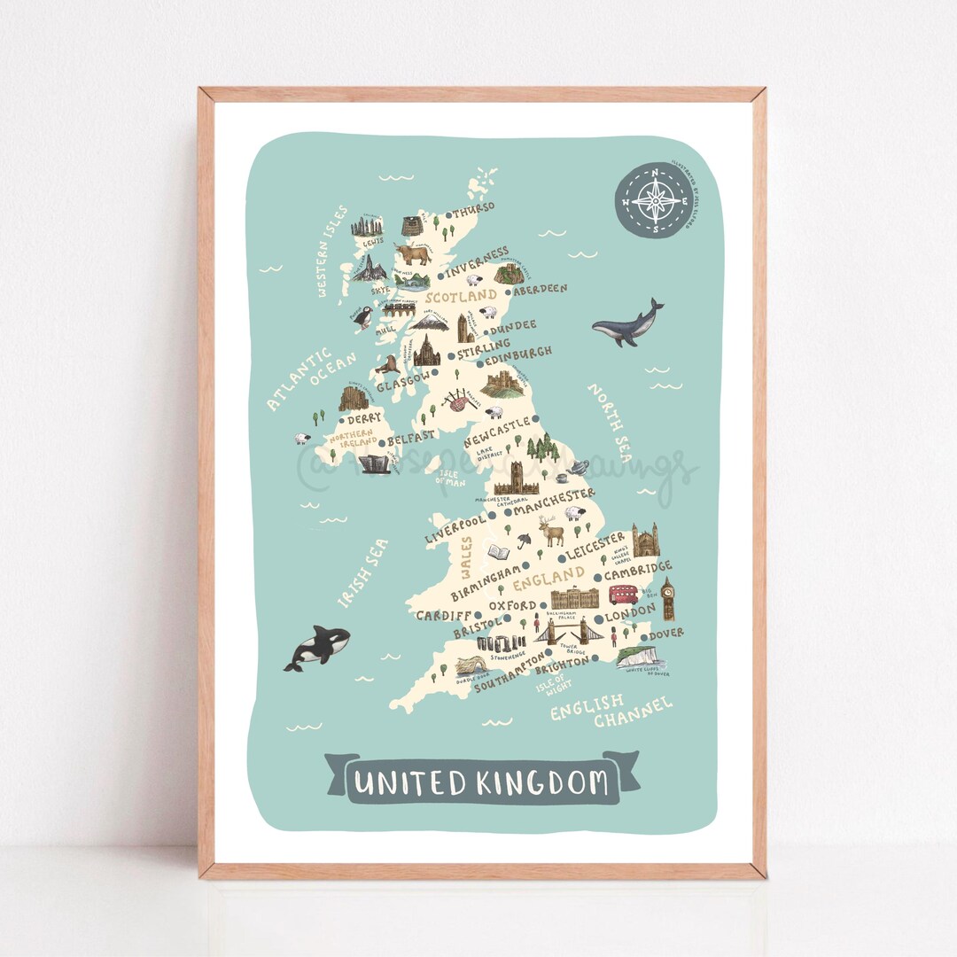 United Kingdom Map Print: Illustrated UK Landmarks & Animals - Etsy ...