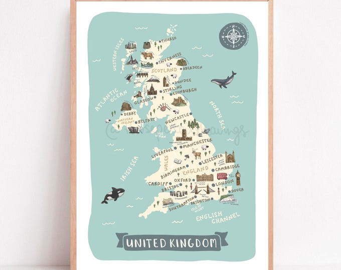 Illustrated Map of England A4 / A5 Unique Map Illustration Print ...
