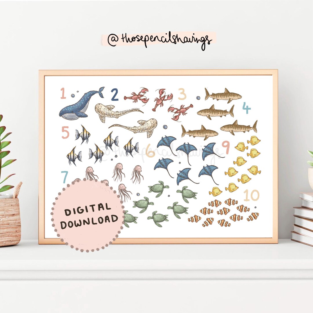 Ocean Animals Counting Print: Sea Life 1-10 Numbers Nursery Decor ...