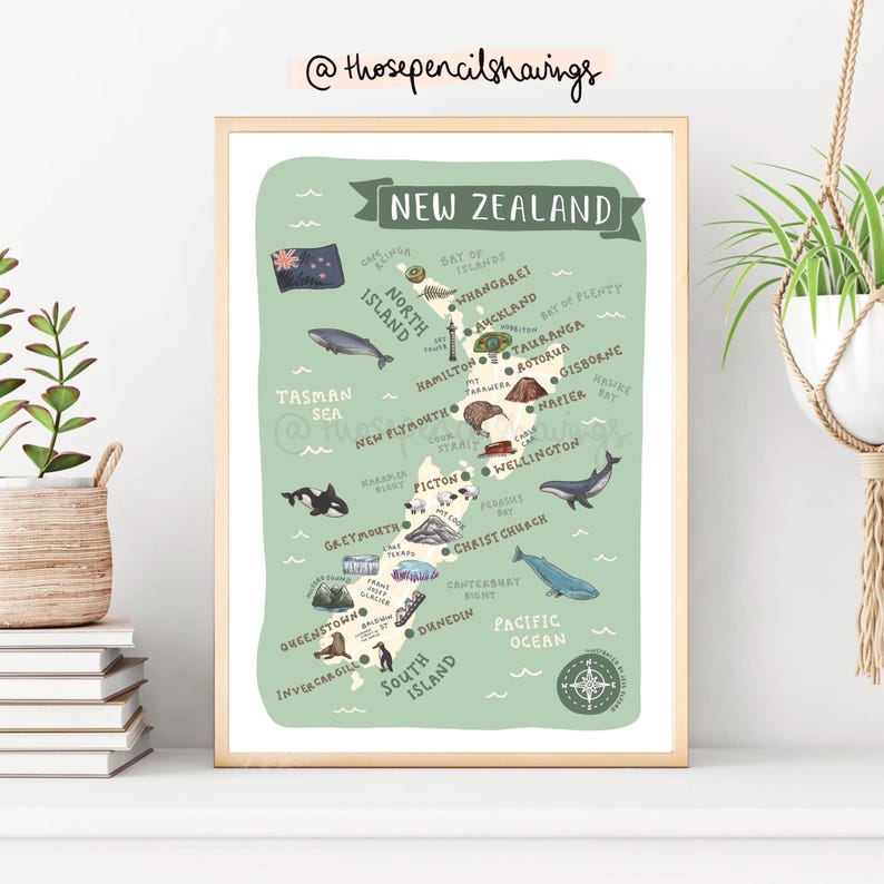 New Zealand Map Art Print: Illustrated Aotearoa Travel Souvenir - Etsy
