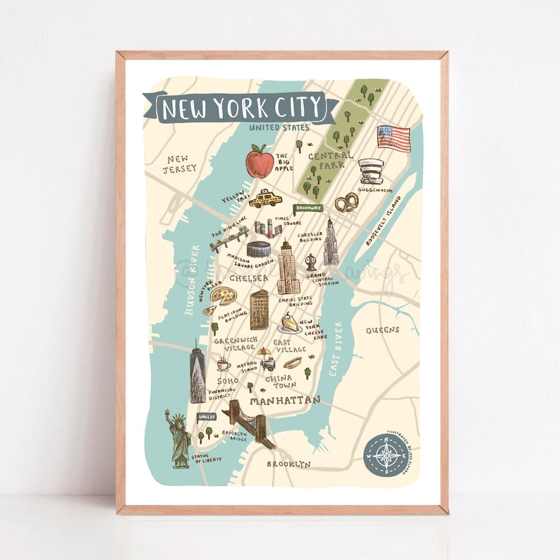 Illustrated New York City Map Art Print: NYC Landmarks (digital ...