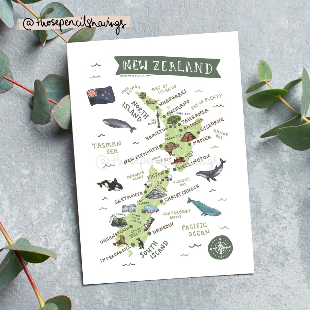 Map of New Zealand Postcard Cute Illustrated NZ Map Mini Print Kiwiana ...