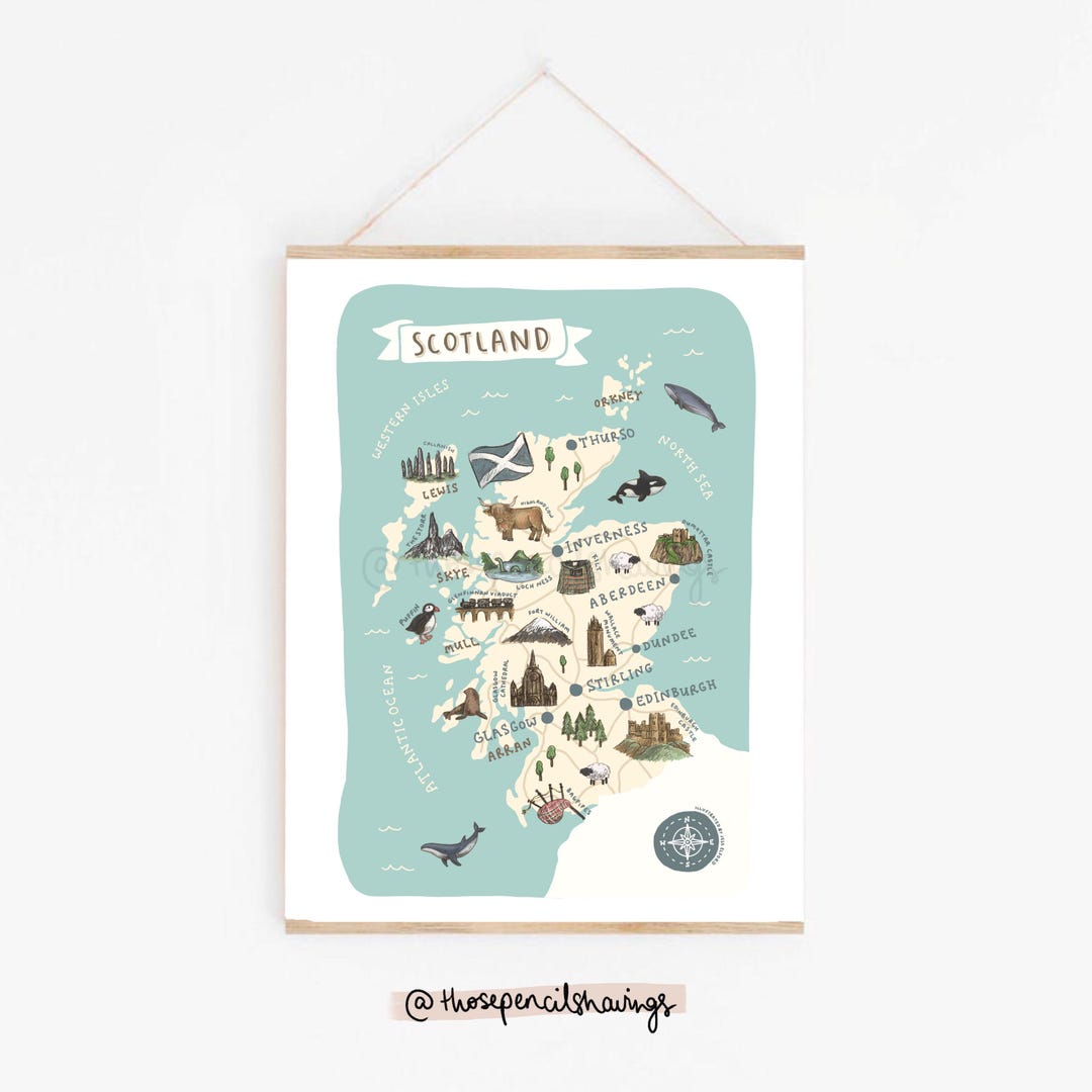 Scotland Map Print | Illustrated Scottish Wall Art Poster | Cute ...