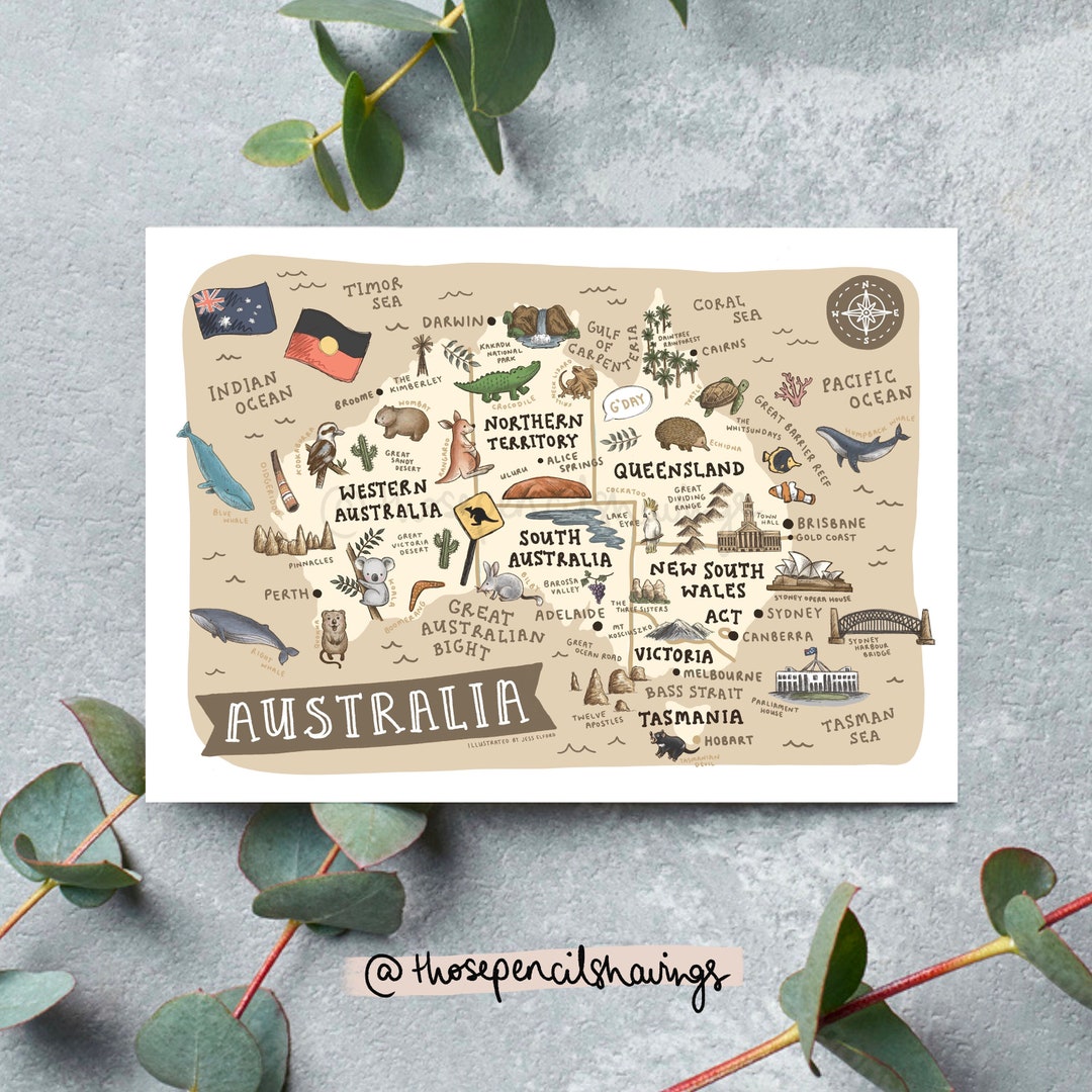 Map of Australia Postcard Cute Illustrated Australia Map Aussie Animals ...