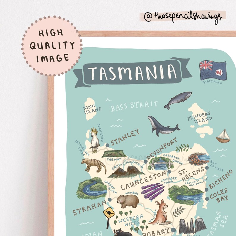 Tasmania Map Print: Illustrated Landmarks & Animals (digital Download ...