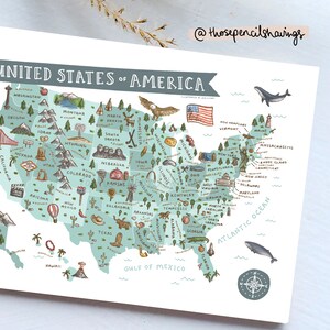Map of USA Postcard Cute Illustrated United States Map Mini Print ...