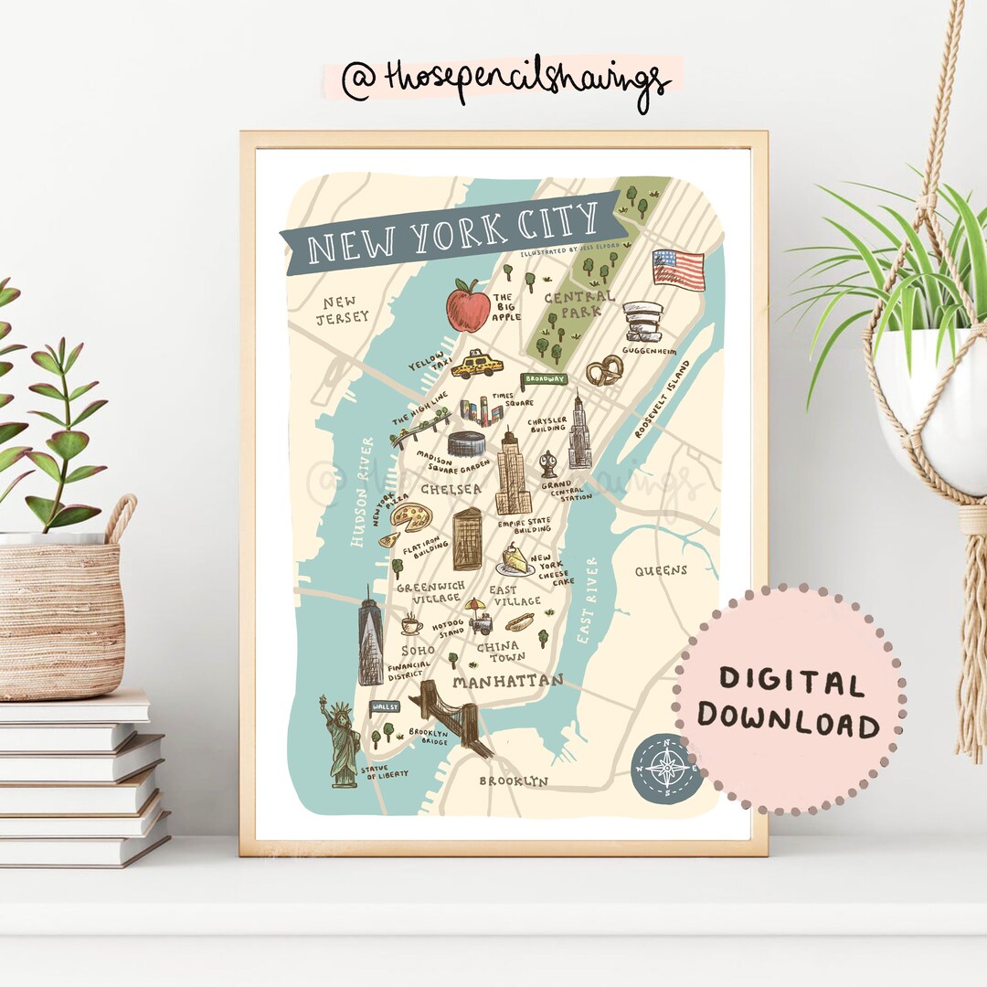 Map of New York City Cute Illustrated NYC Map New York Landmarks Travel ...