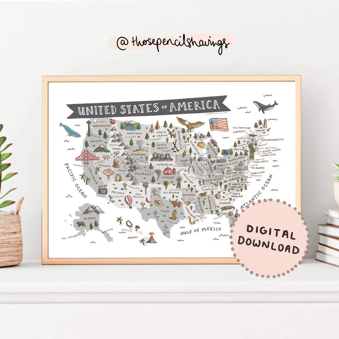 Map of United States of America Illustrated USA Landmarks Print America ...