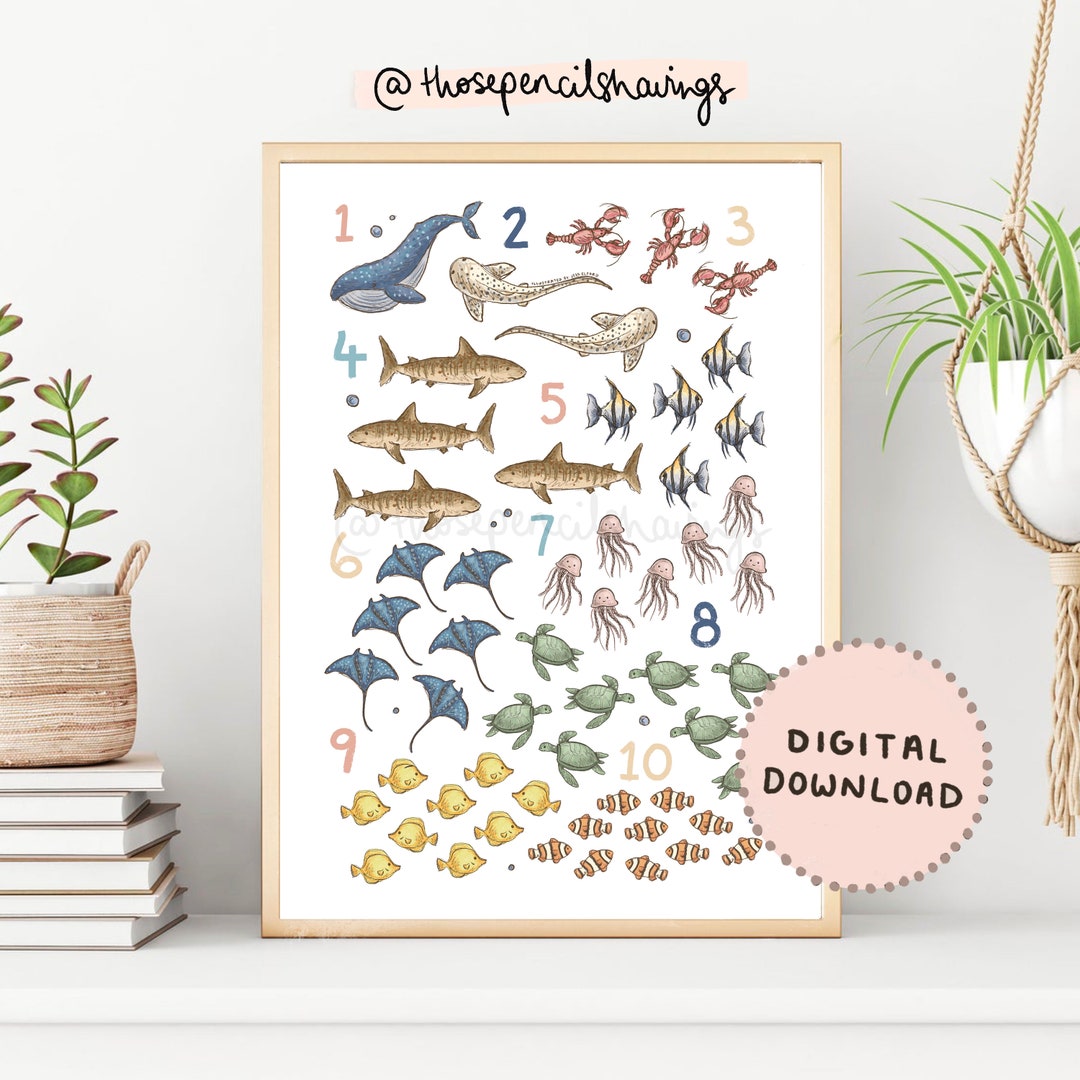 Ocean Animals Counting Print: Sea Life 1-10 Numbers Nursery Decor ...