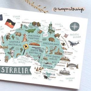 Map of Australia Postcard Cute Illustrated Australia Map Aussie Animals ...
