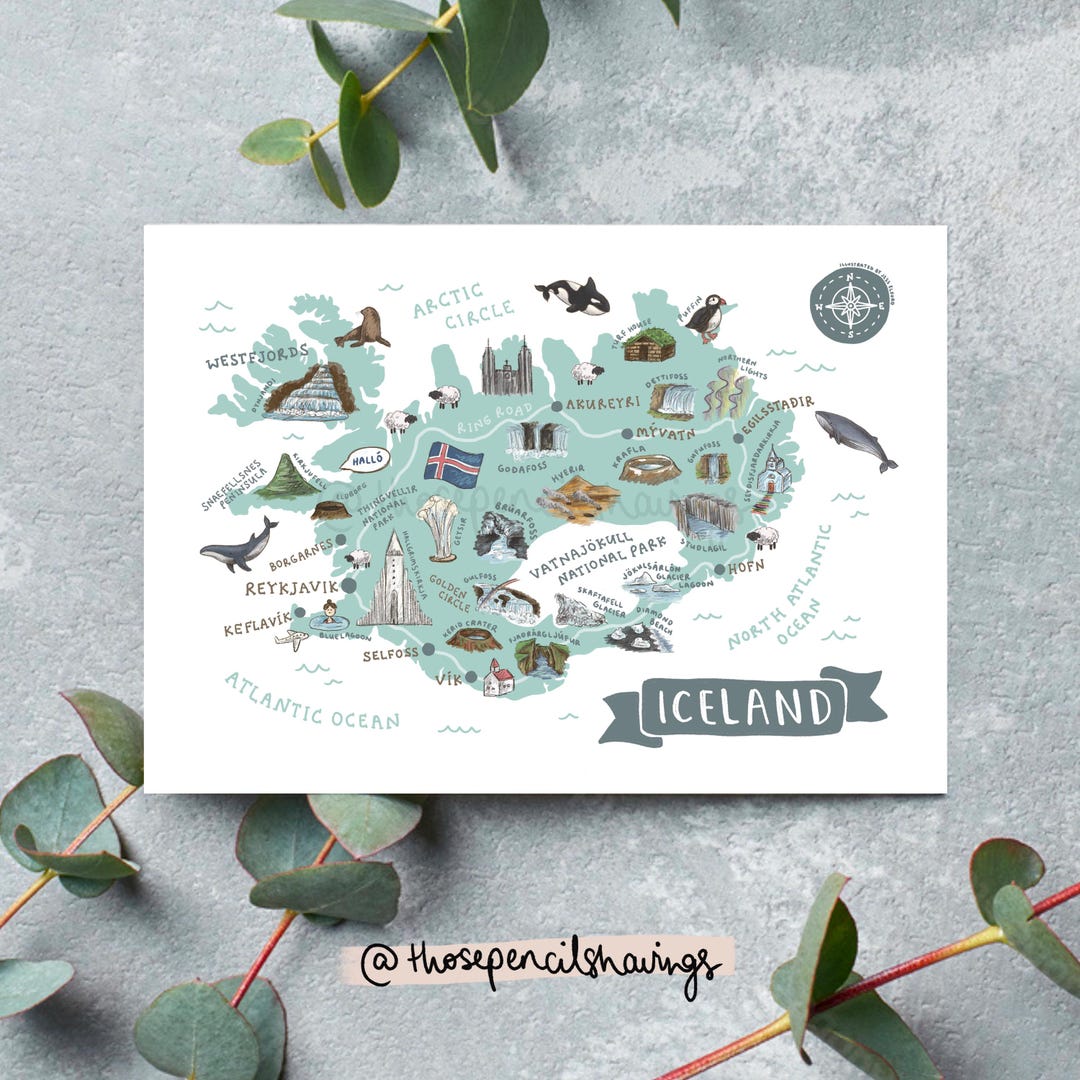 Iceland Map Postcard | Illustrated Nordic Travel Print | Cute Icelandic ...