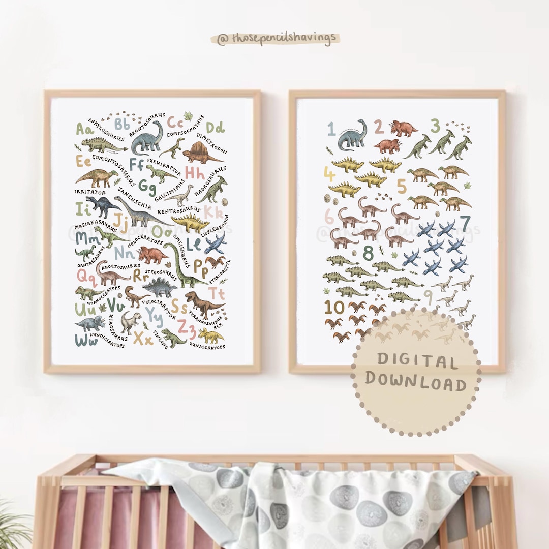 Dinosaur Alphabet & Numbers Poster Set: Dino Nursery Decor (digital ...