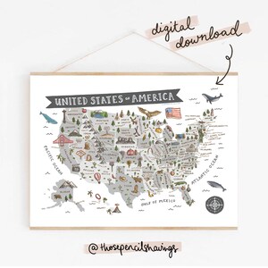 Map of United States of America Illustrated USA Landmarks Print America ...