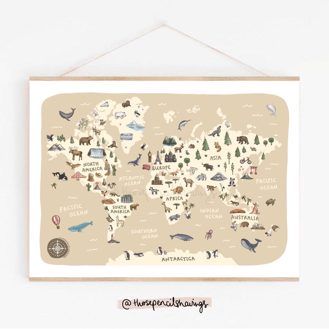 World Map Print | Illustrated Globe Wall Art Poster | Cute Landmarks ...