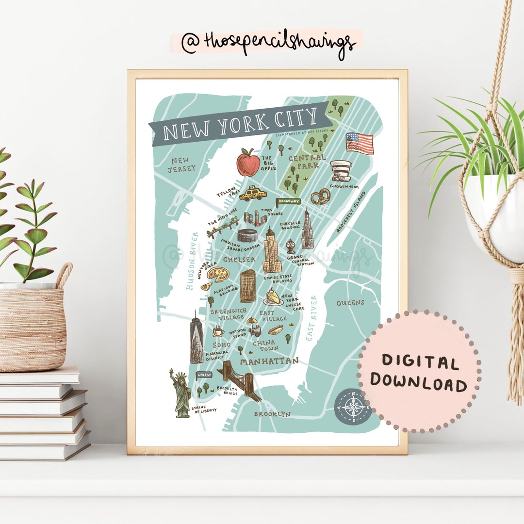 DIGITAL DOWNLOAD Map of New York City Cute Illustrated NYC Map New York ...