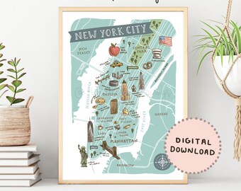 Illustrated Map of NYC New York City 8x10 - Etsy