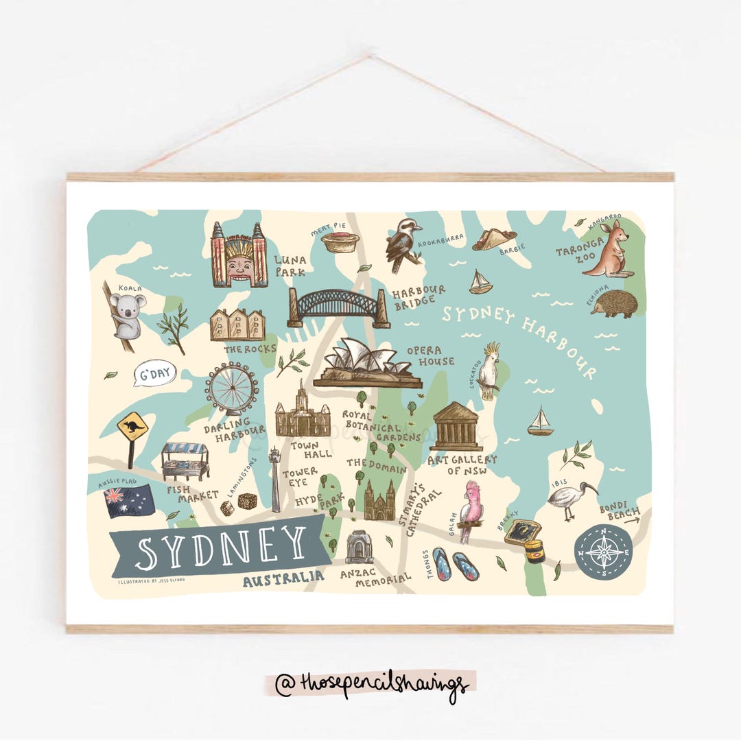 Map of Sydney Print Illustrated Australia Animals & Landmarks Print ...