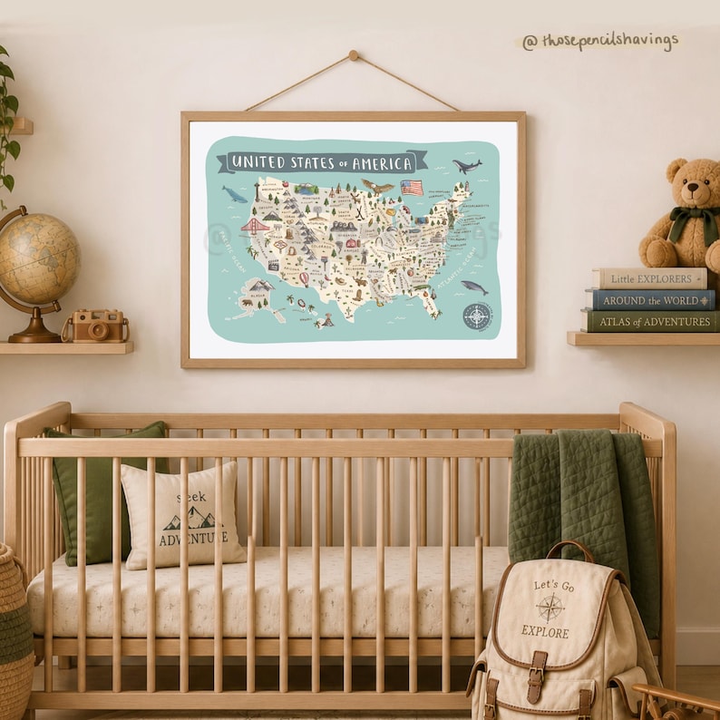 Illustrated USA Map Print | United States Landmarks Travel Wall Art - Etsy