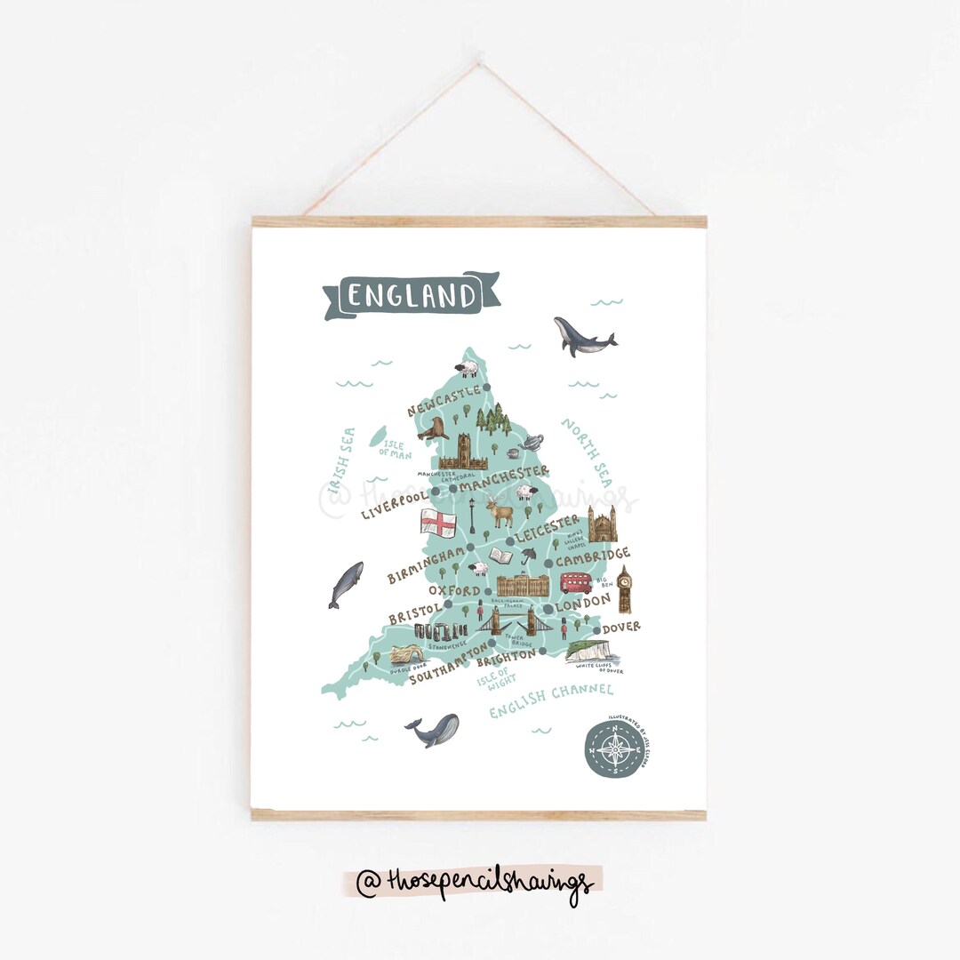 England Map Poster | Illustrated British Travel Print | Cute Landmarks ...