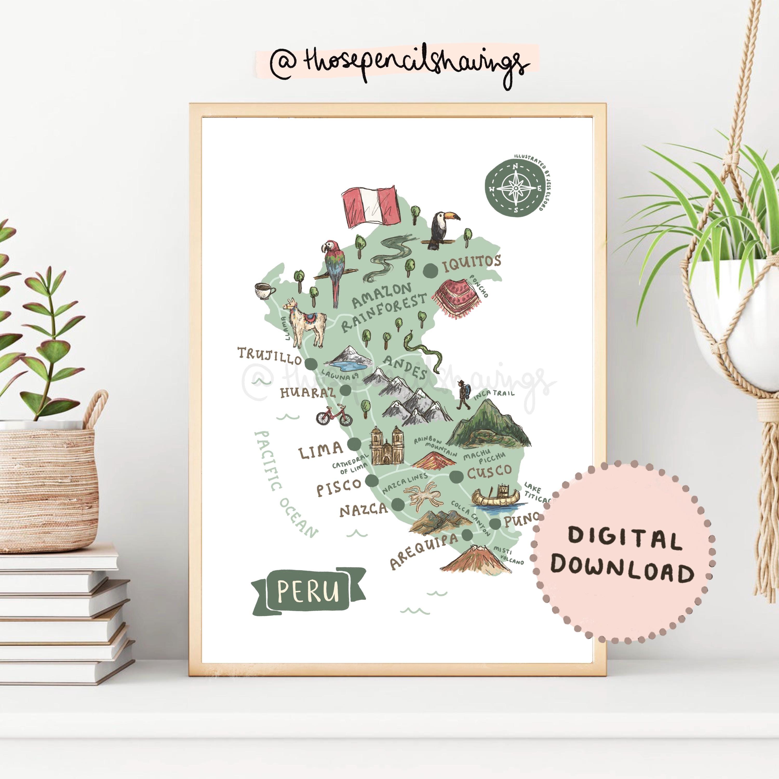 Peru Map Print: Illustrated Travel Poster, Landmarks & Animals (digital ...
