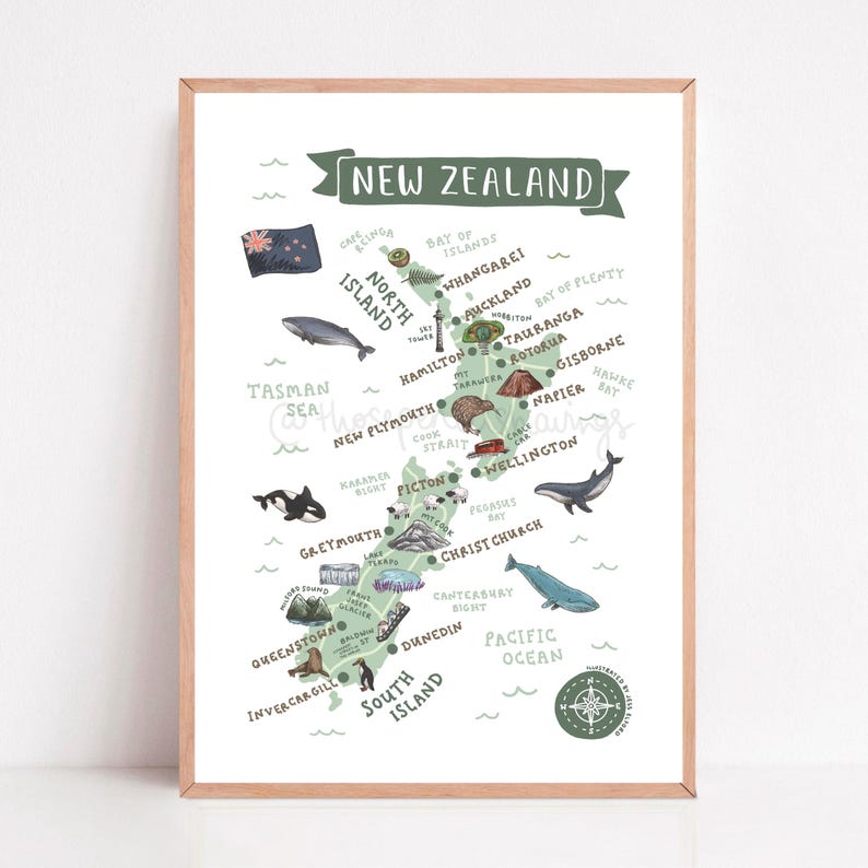 New Zealand Map Print: Illustrated NZ Landmarks & Animals (digital ...