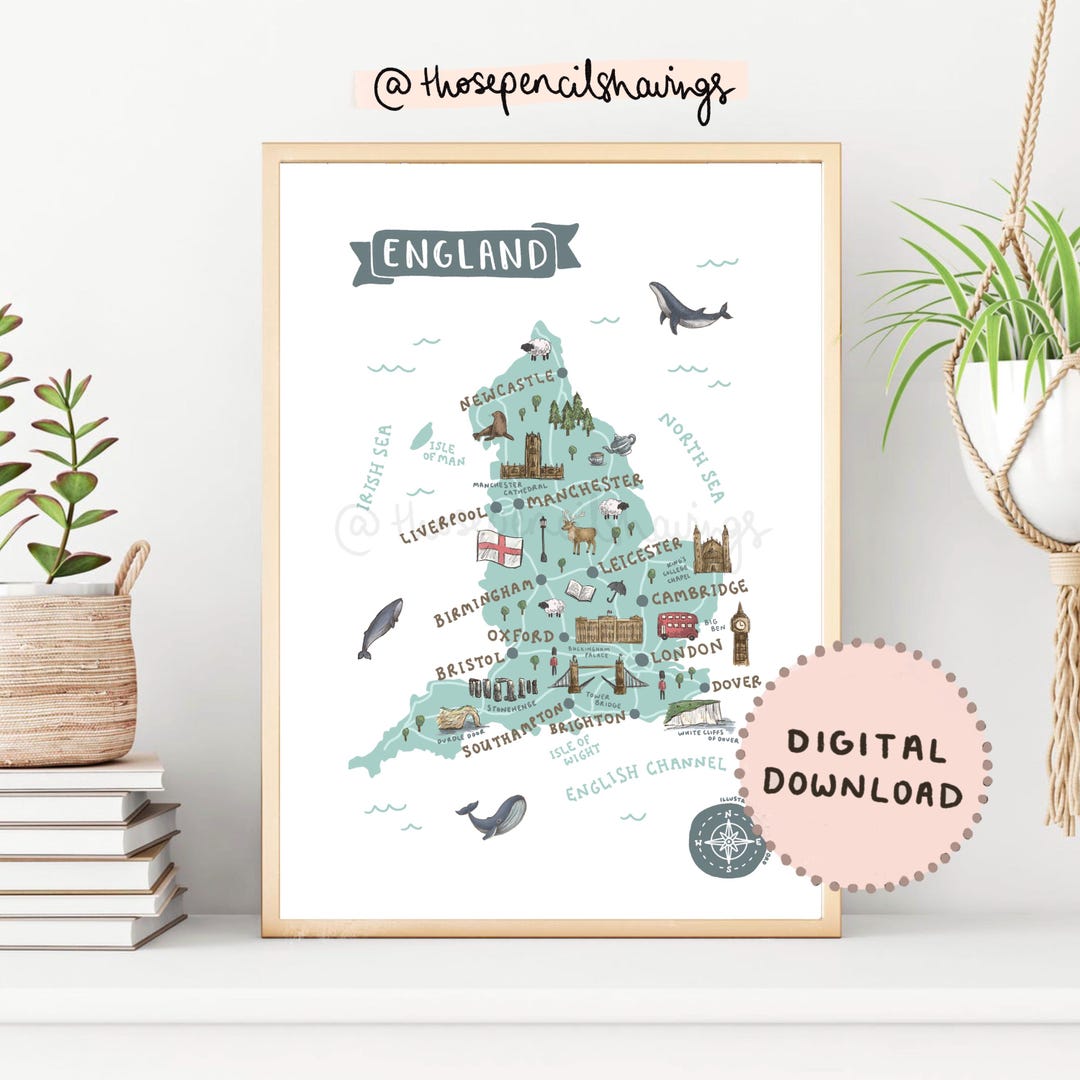 DIGITAL DOWNLOAD | Map of England | Illustrated English Map Print ...