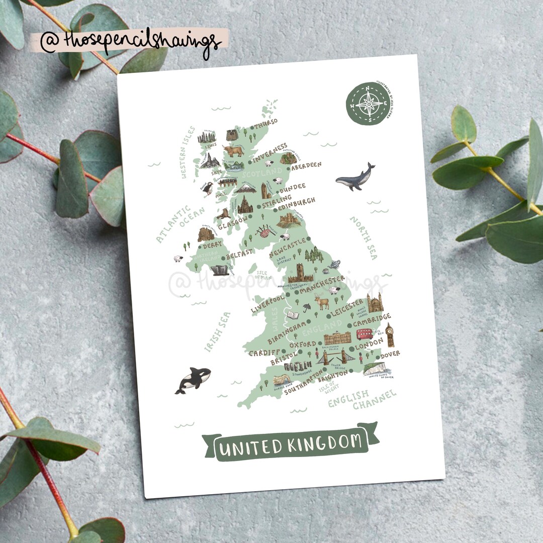 United Kingdom Map Postcard | Illustrated UK Travel Print | Cute ...