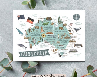 Map of Australia Postcard Cute Illustrated Australia Map Aussie Animals ...
