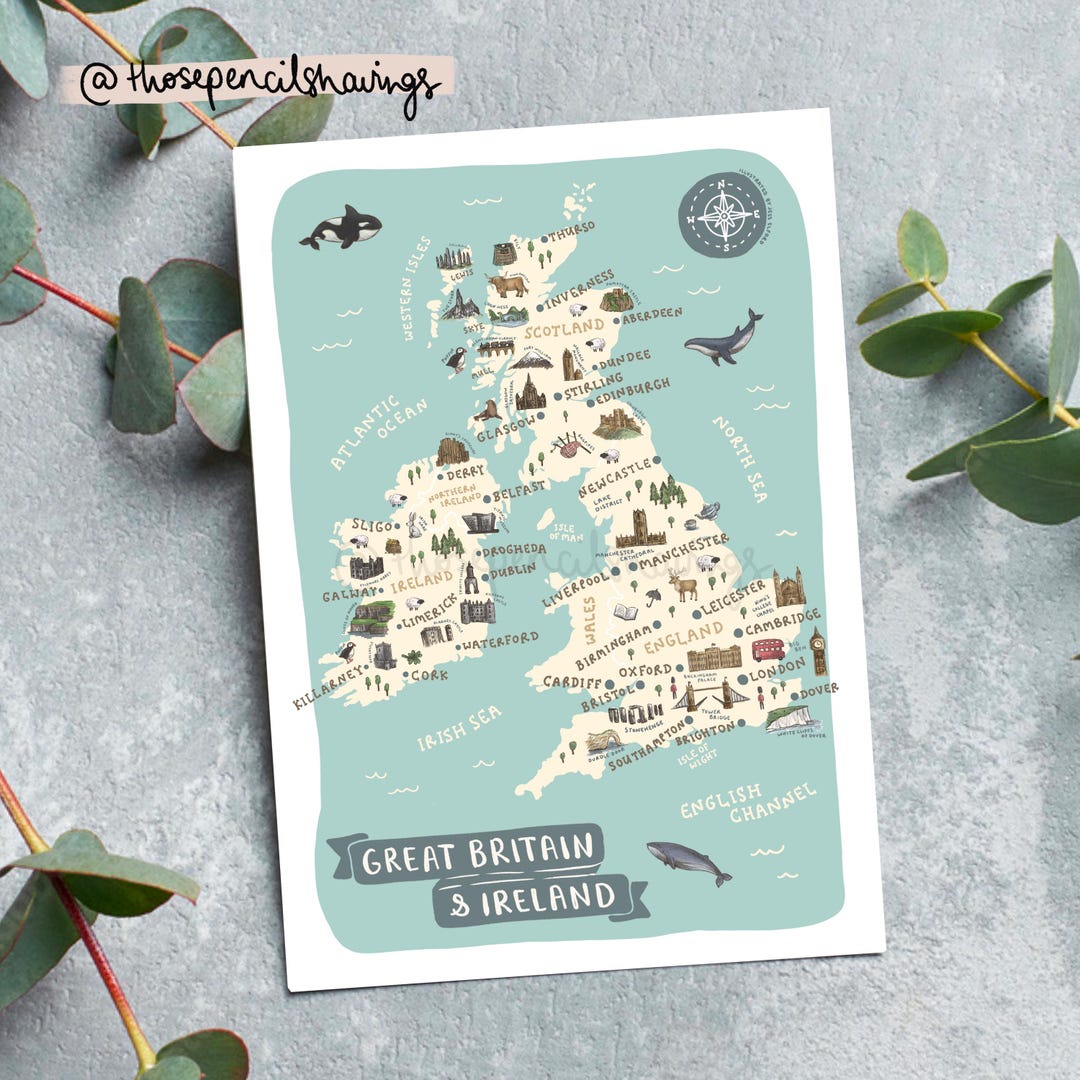 Great Britain Map Postcard | Illustrated Ireland and UK Art Print ...