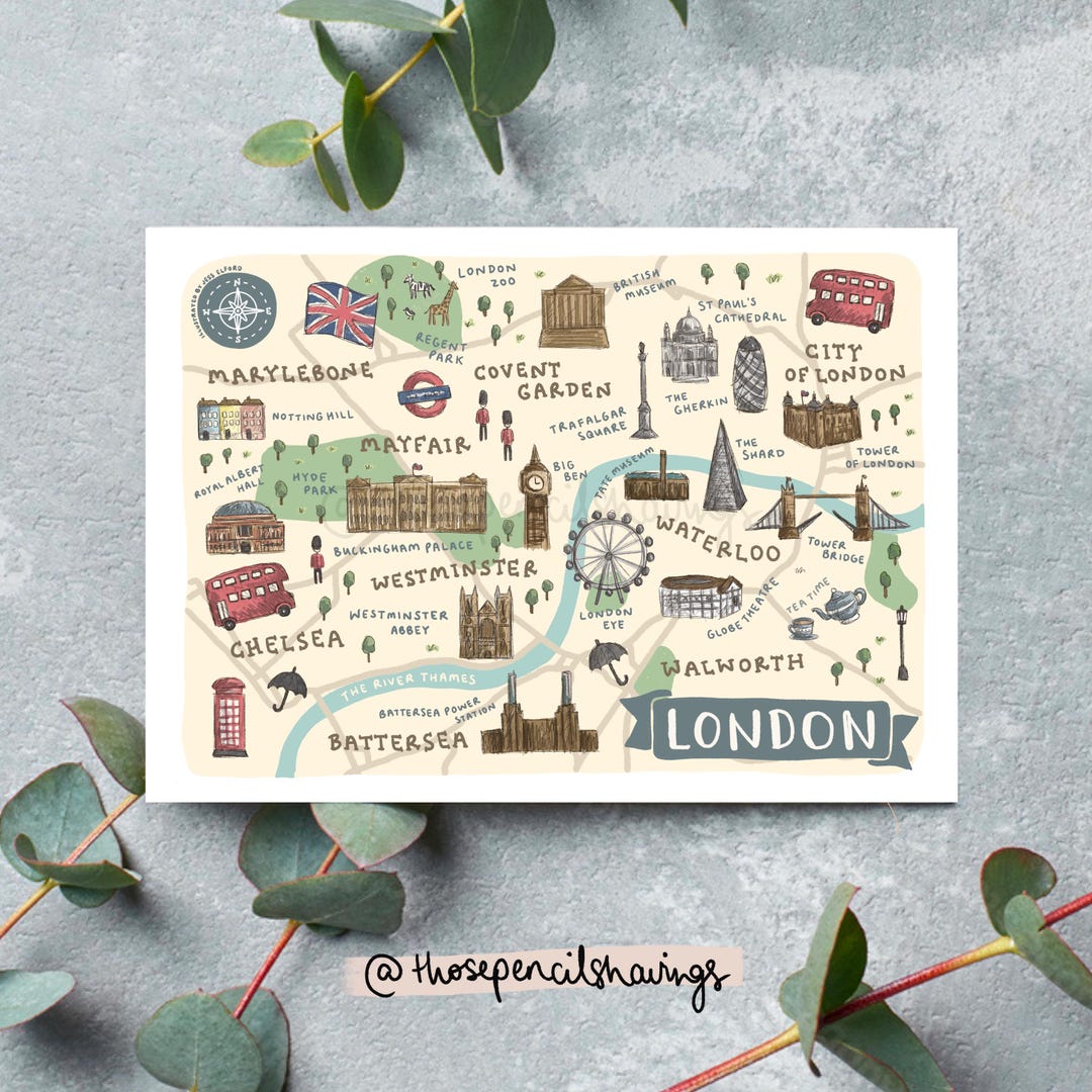London Map Postcard: Illustrated British Travel Souvenir - Etsy