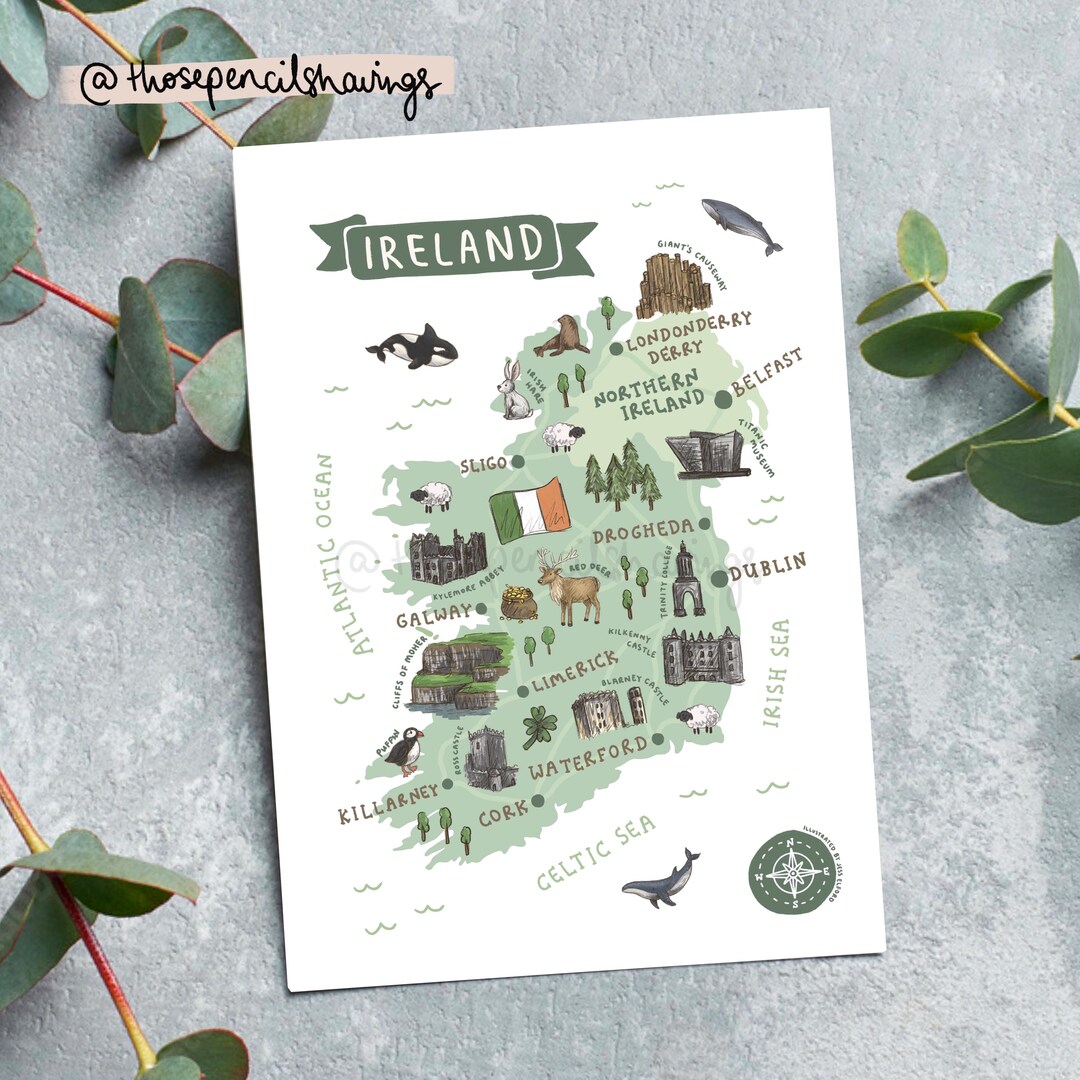 Ireland Map Postcard: Illustrated Irish Landmarks Travel Print - Etsy
