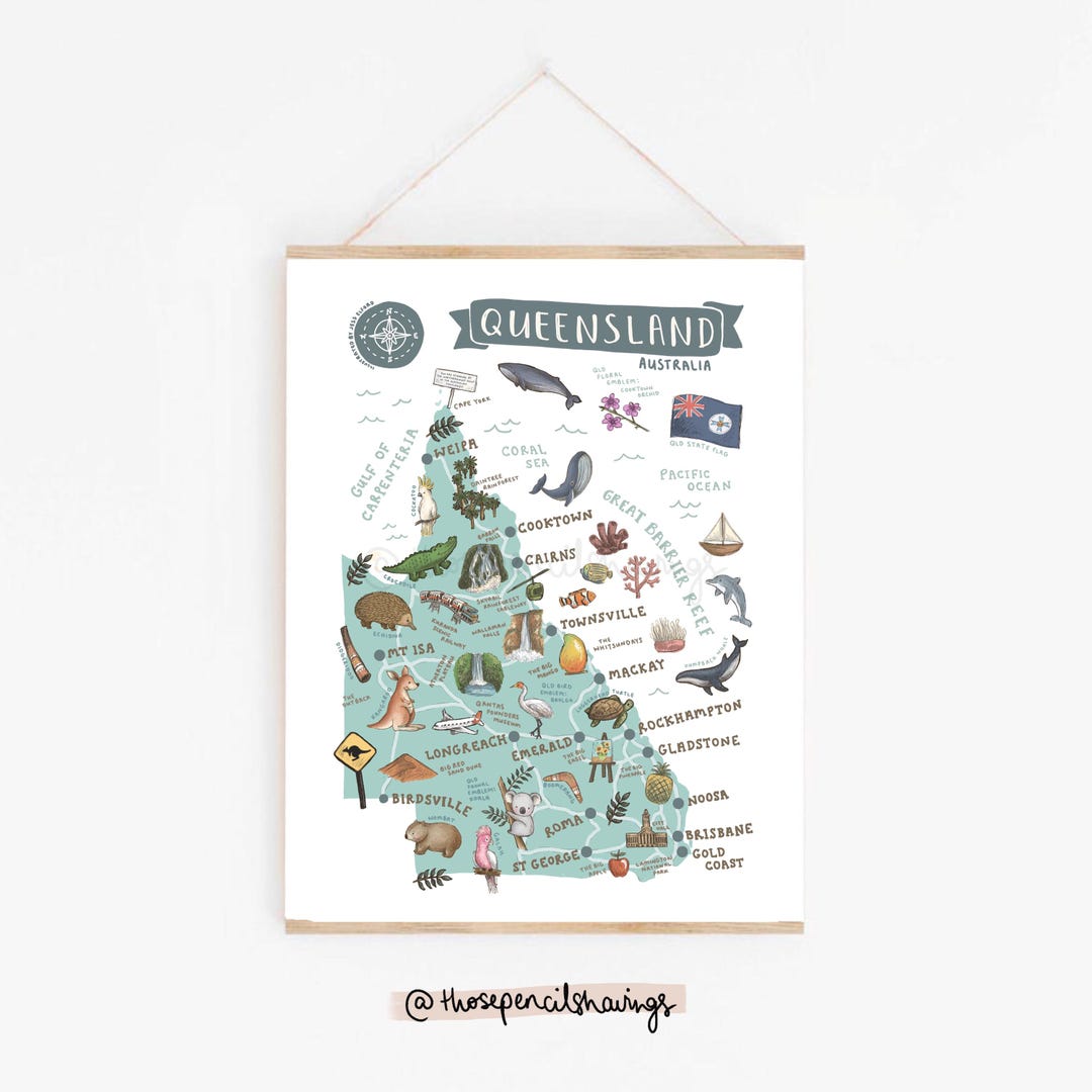 Map of Queensland | Illustrated Australia Map Print | Qld State Map ...