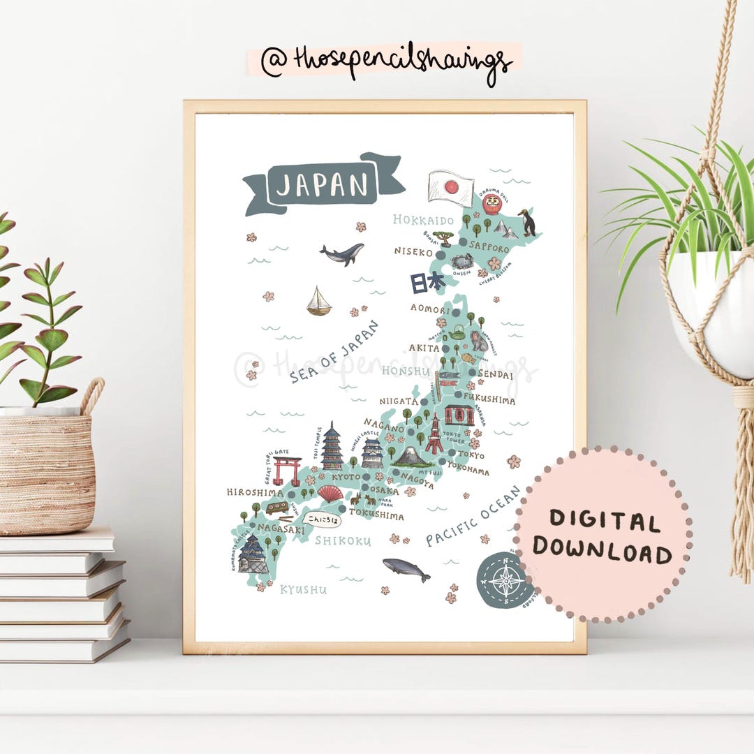 Japan Map Print | Illustrated Japanese Printable Wall Art | Cute ...